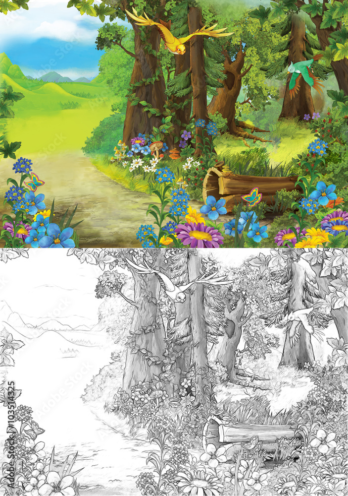 Cartoon nature scene - with coloring page - illustration for the ...