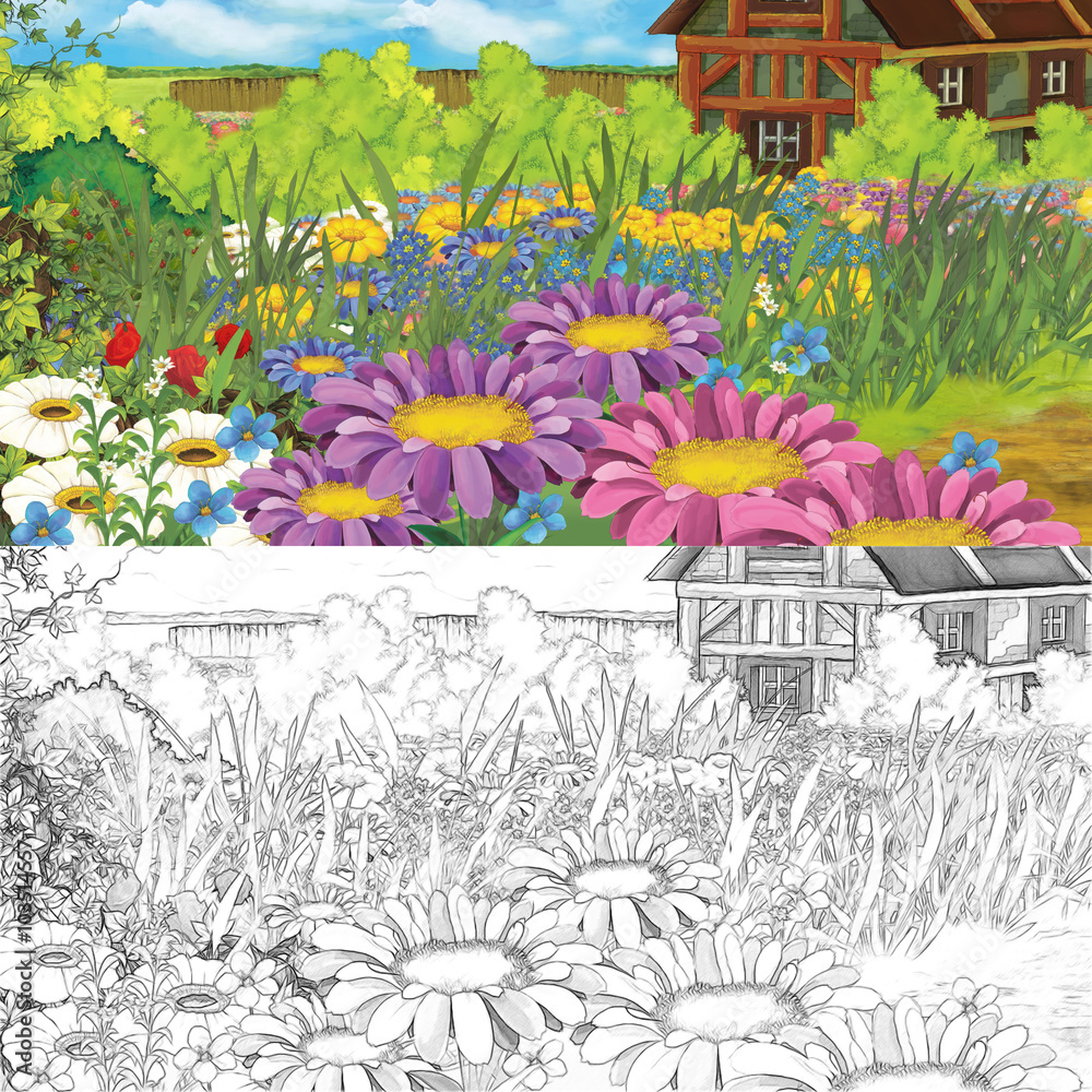 Cartoon farm scene - with coloring page - illustration for the children ...