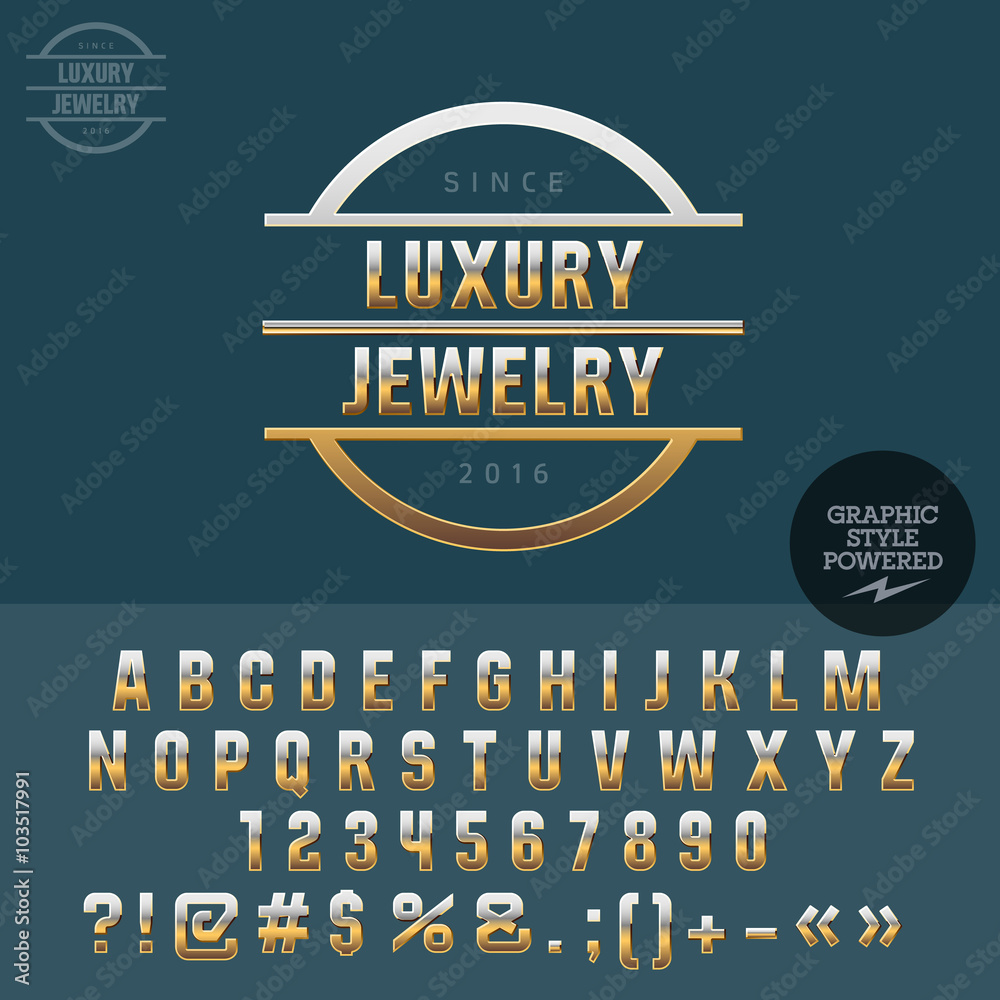 Gold logotype for luxury jewelry shop. Vector set of letters, numbers ...