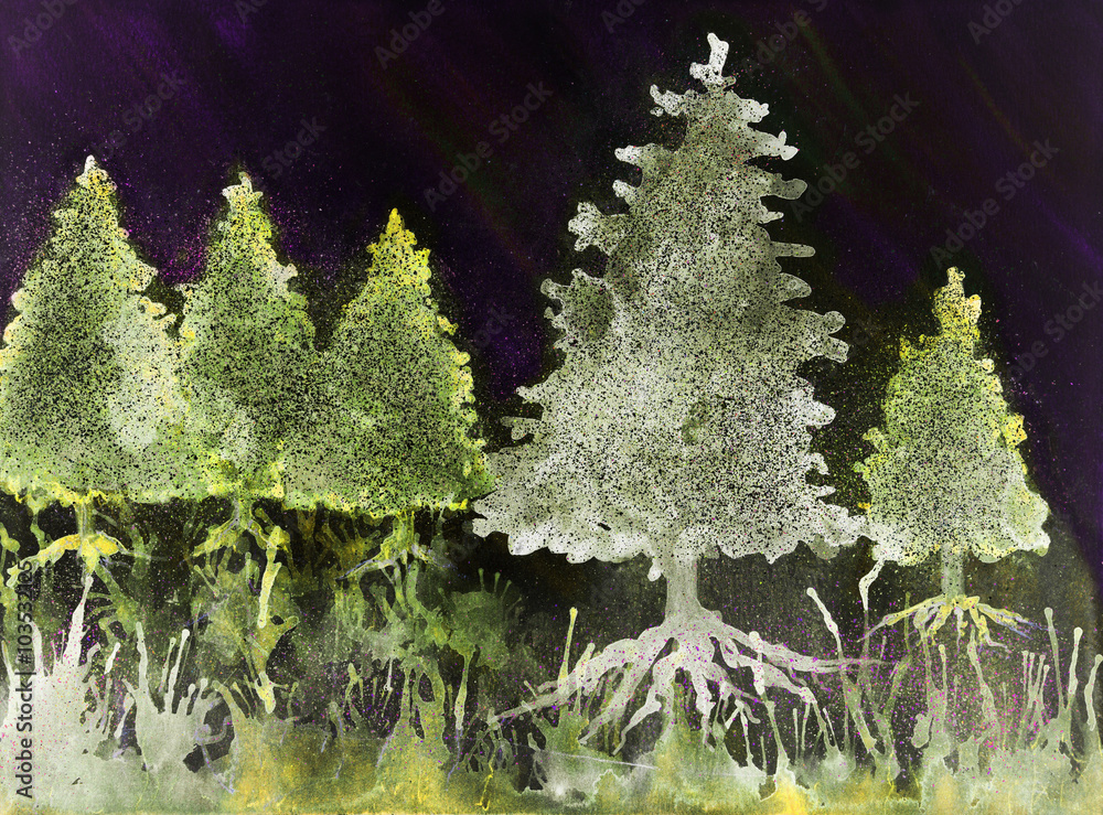 Psychedelic Christmas trees in the night. The dabbing technique gives a ...