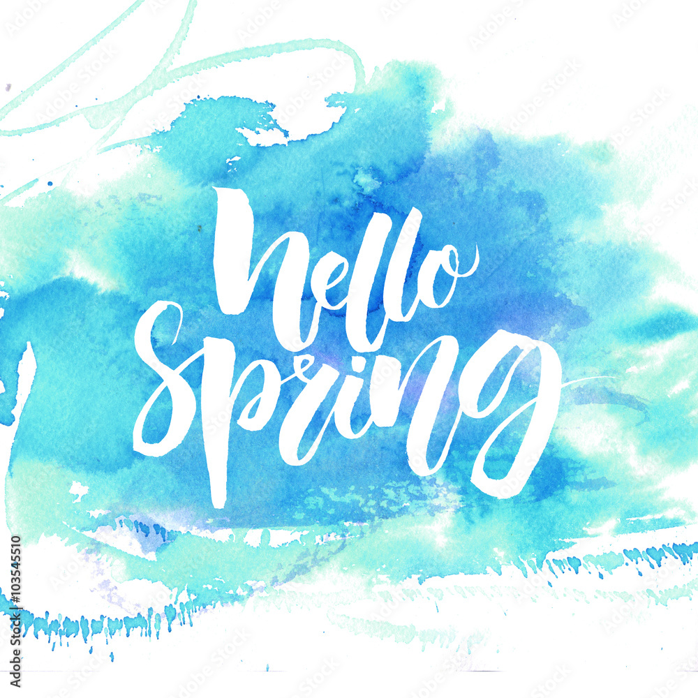 Hello spring calligraphy banner. White text on blue watercolor texture ...
