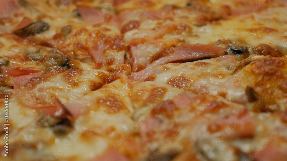 Italian tasty pizza surface with cheese and bacon close-up 4K 2160p ...