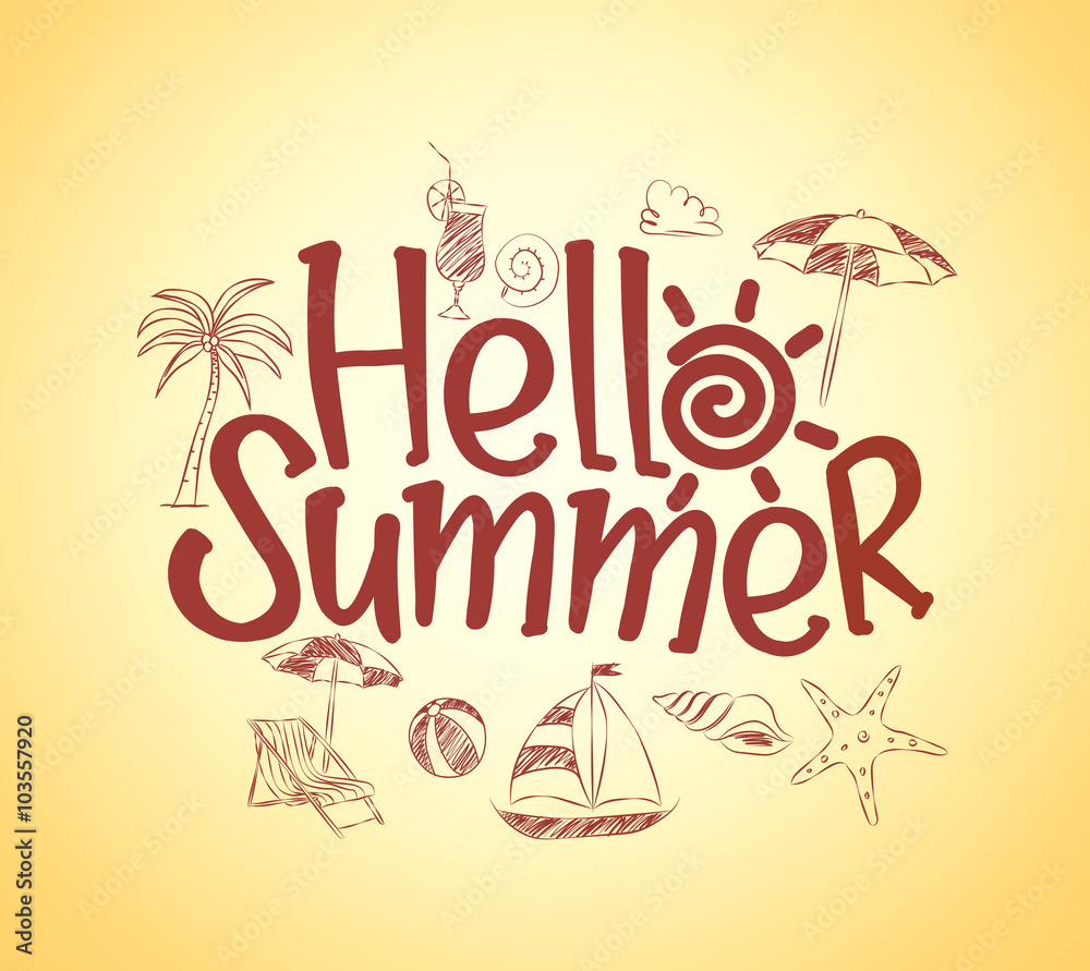 Simple Hello Summer Poster Design with Hand Drawing Vector Elements and ...