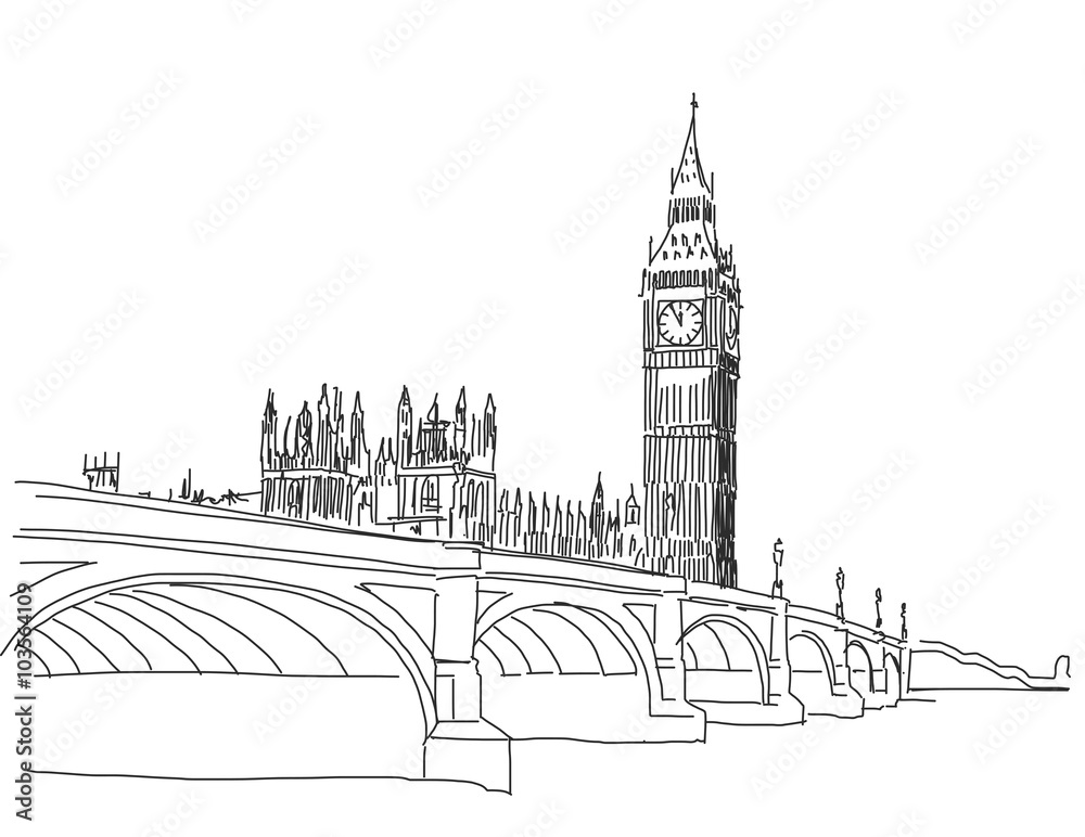 Hand drawn Popular view Big Ben and Westminster Bridge Outline Stock ...