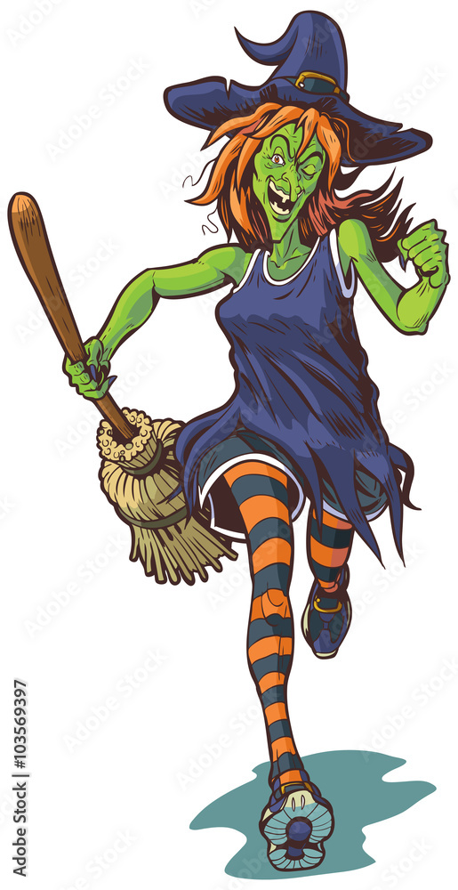 Scary Witch Running with Broom Cartoon Illustration vector de Stock ...