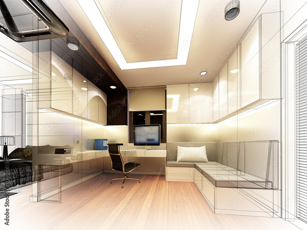 sketch design of sitting room ,3dwire frame render Stock Illustration ...
