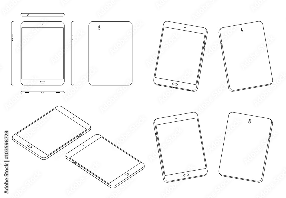 Tablet top, front, back, side, bottom and perspective 3d view outline ...