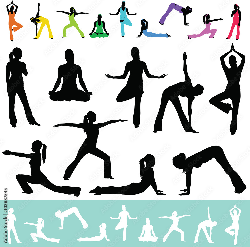 various yoga poses in black and color silhouettes vector Stock Vector ...