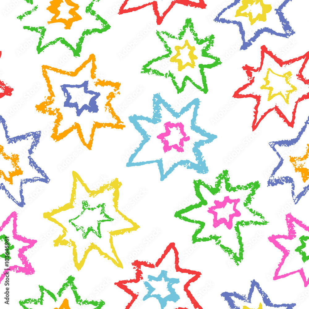 Wax crayon kid`s drawn colorful stars isolated on white. Seamless ...