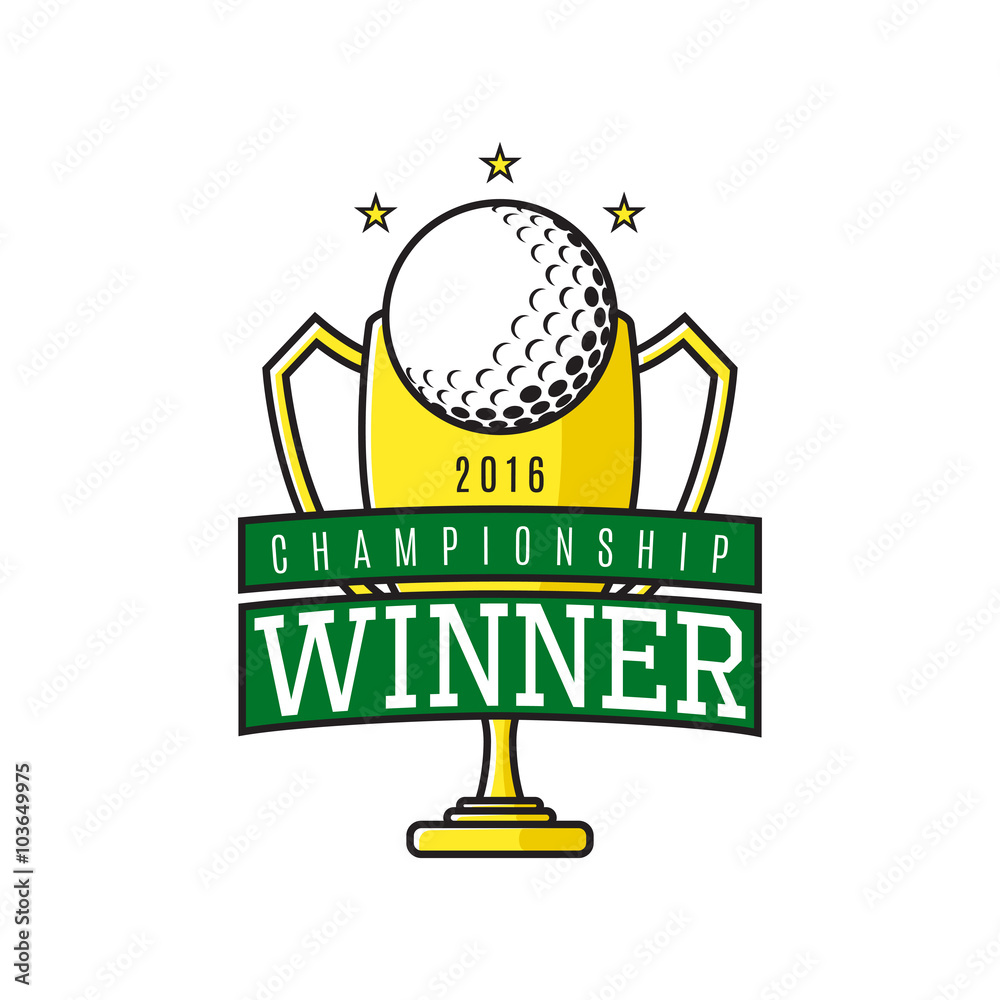 Vector label of golf winner. Logo of championship winner with golden ...