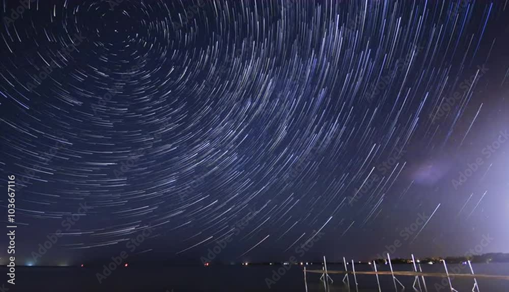 Stars rotating in a whirling mass of vortex moving over cottage pier on ...