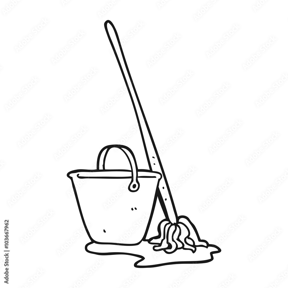 black and white cartoon mop and bucket Stock Vector | Adobe Stock