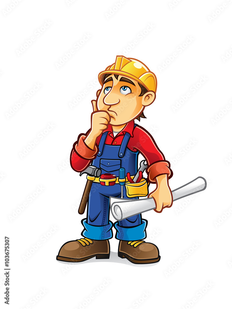 Cartoon Builder Thinking Stock Vector | Adobe Stock