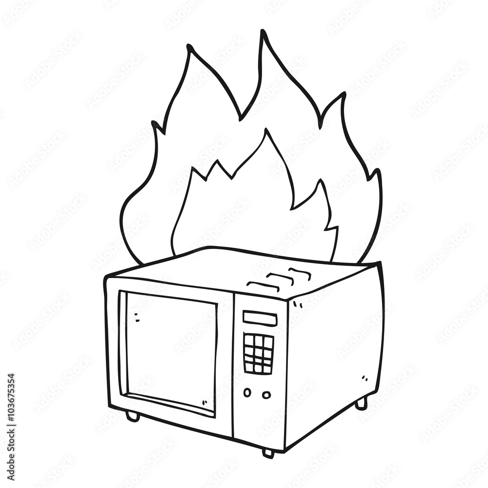 black and white cartoon microwave on fire Stock Vector | Adobe Stock