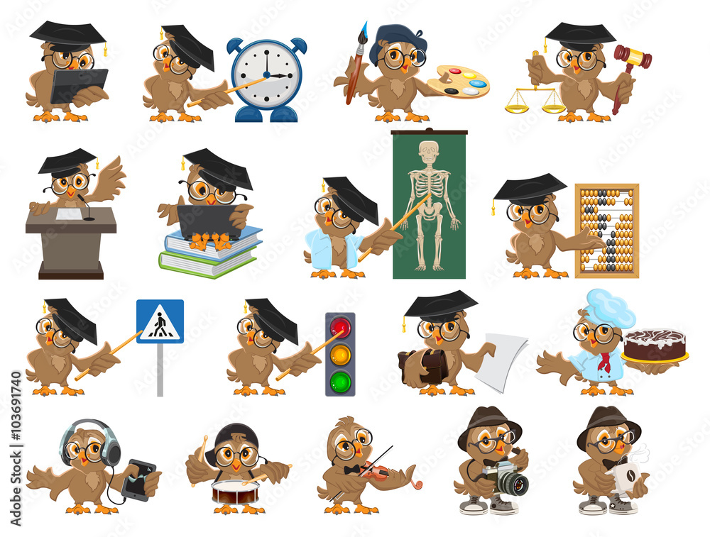 Big set owl teacher. Cartoon bird teacher Stock Vector | Adobe Stock