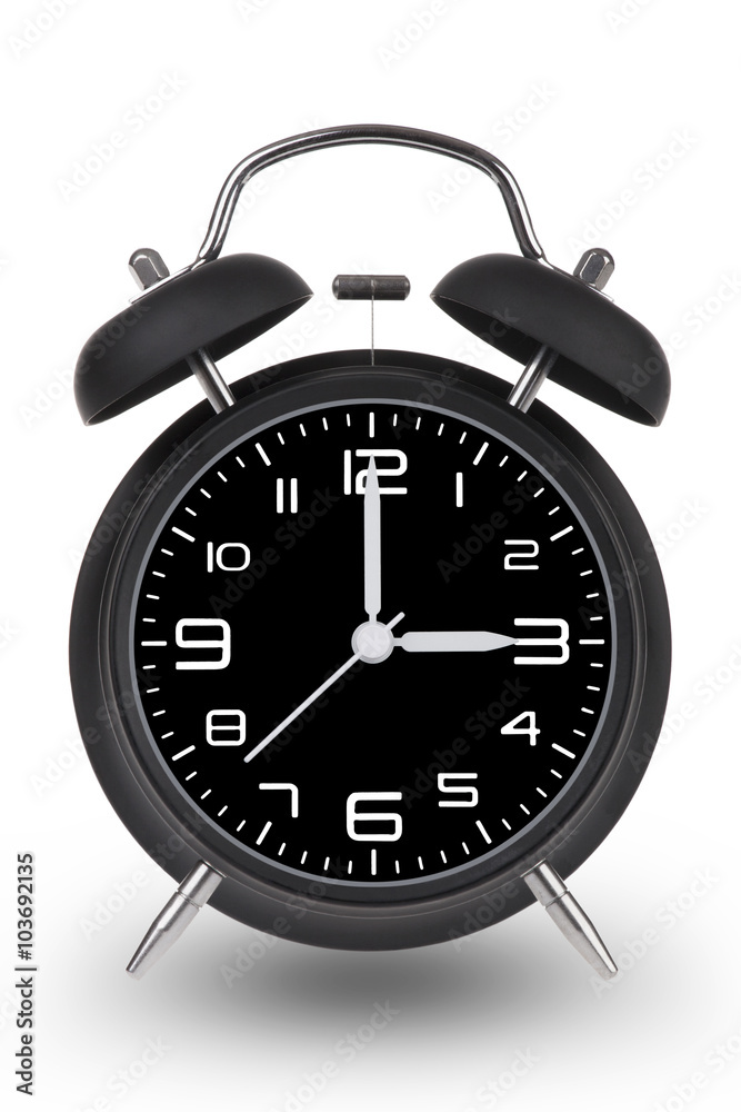 Black alarm clock with hands at 3 am or pm isolated on white bac Stock ...