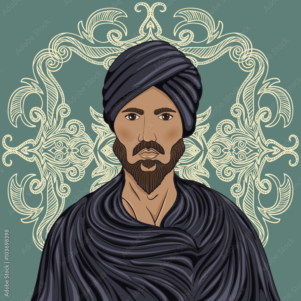 Handsome arabian man with mustache and beard in a turban over ornate ...
