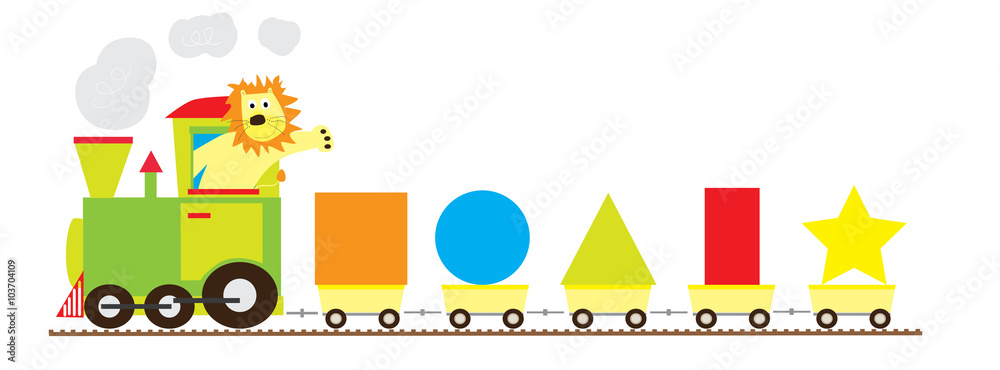 train with a lion and basic geometric shapes on white background ...