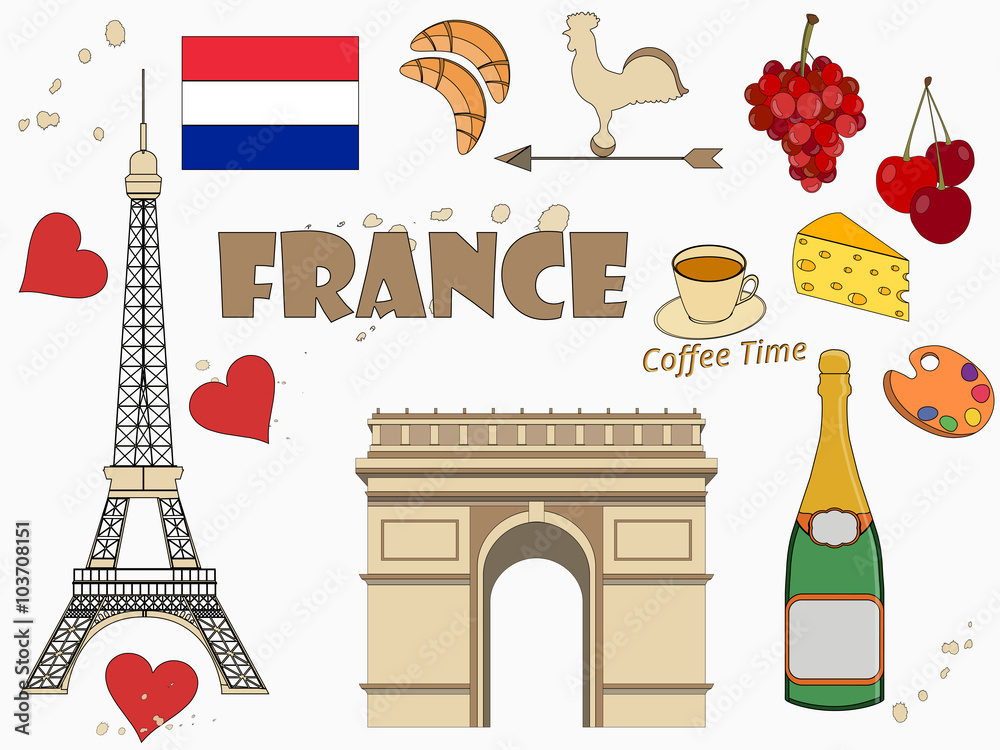 Symbols of France. Set. Tourism. Object with stroke. Vector ...
