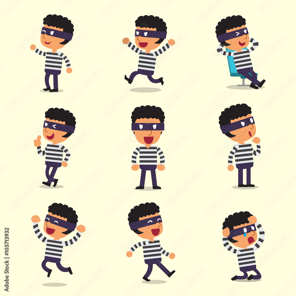 Cartoon thief character poses on yellow background Stock Vector | Adobe ...