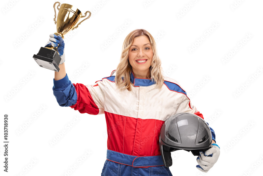 Female car racing champion holding a trophy Stock Photo | Adobe Stock