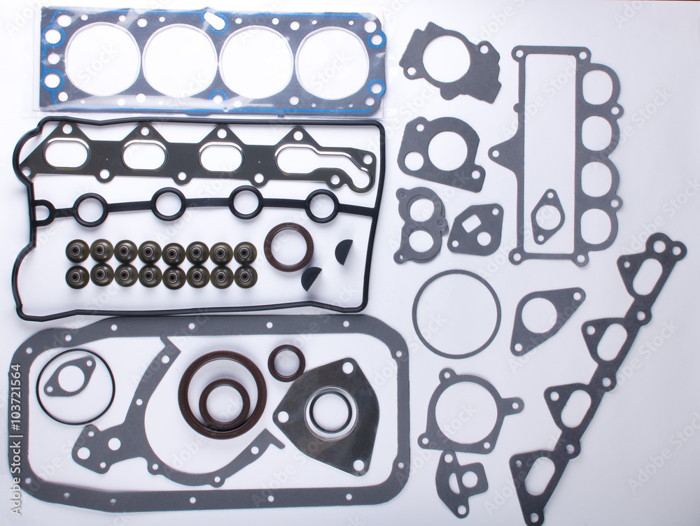 A large set of gaskets for the engine of a passenger car. Separated on ...