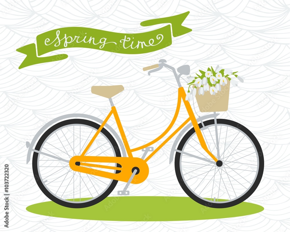 Vector illustration in flat style. Bicycle with basket of flowers ...
