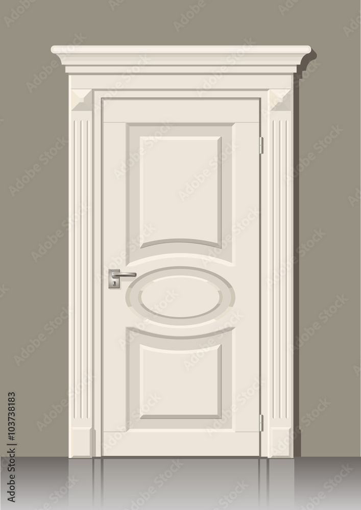 Wooden door in vector graphics on the wall in the interior of the room ...