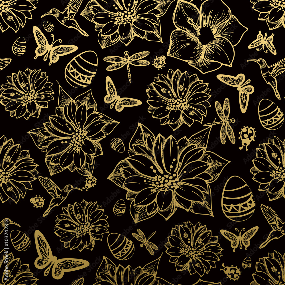 Seamless pattern flowers, butterflies, hummingbirds, gold background ...