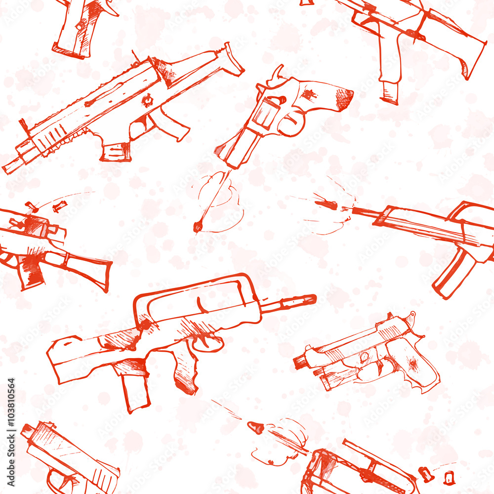 Seamless pattern of hand drawn weapons. Shooting pistols and guns war ...
