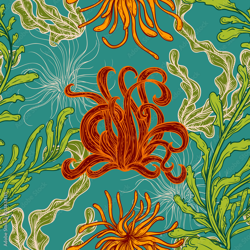 Seamless pattern with collection of marine plants, leaves and seaweed ...