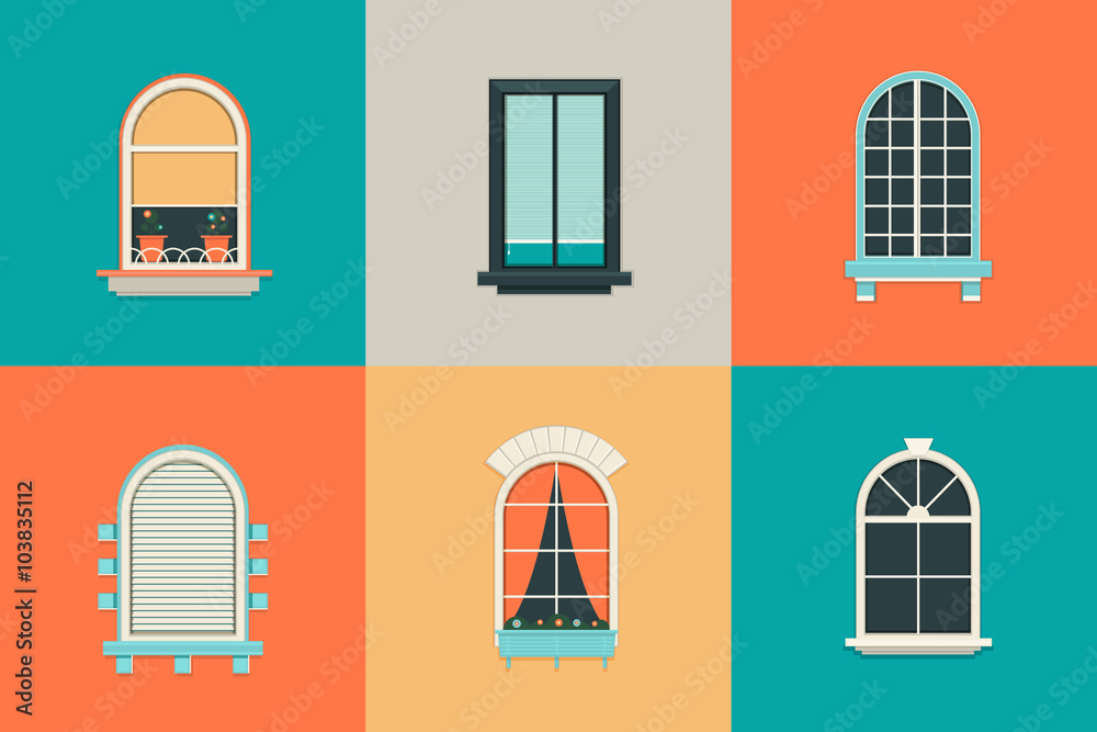 Vector flat set of icons for windows with pane. Rectangle and oval ...