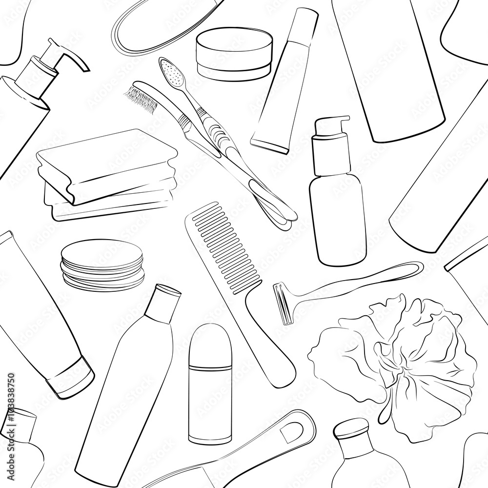 Hygiene set. Seamless pattern with hand drawn collection of products ...