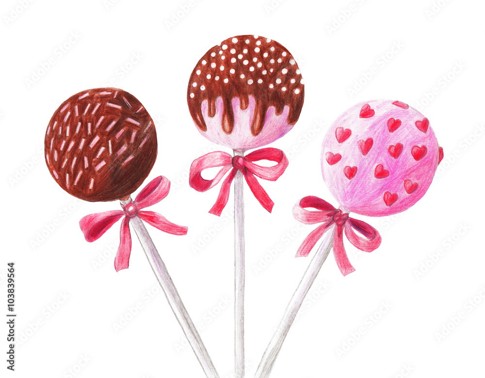 Hand-drawn cake pops. Pencil illustration on white isolated background ...