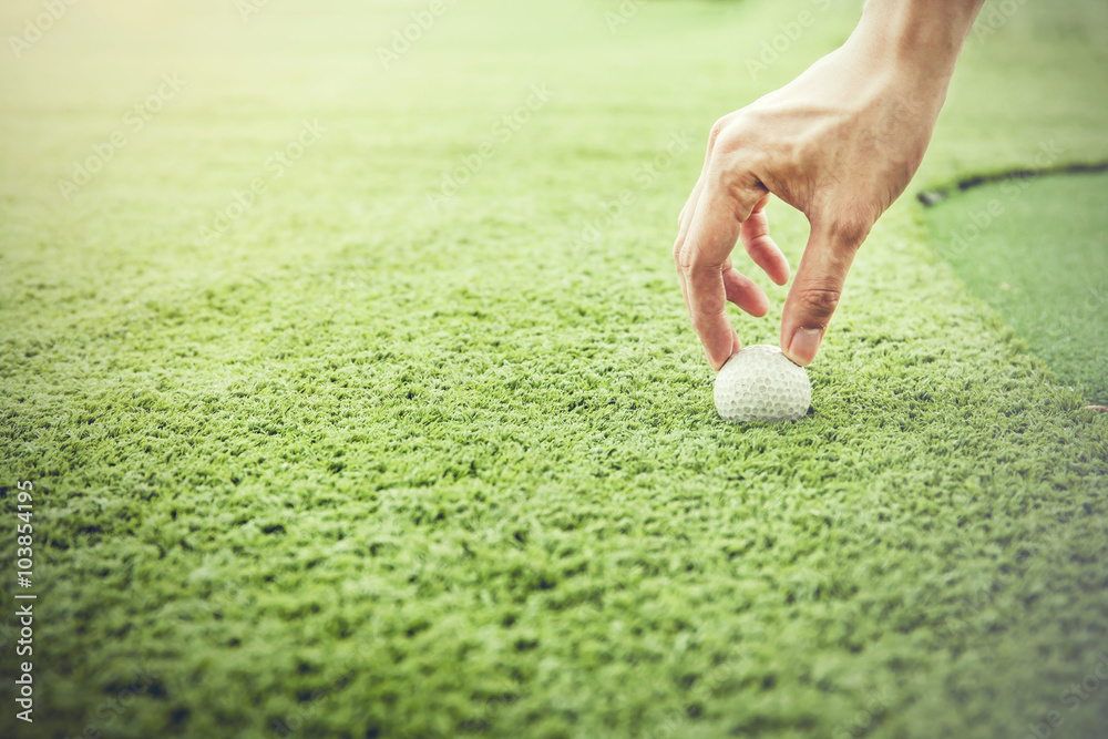 Golfer putting a golf ball onto green grass field - vintage aesthetics ...