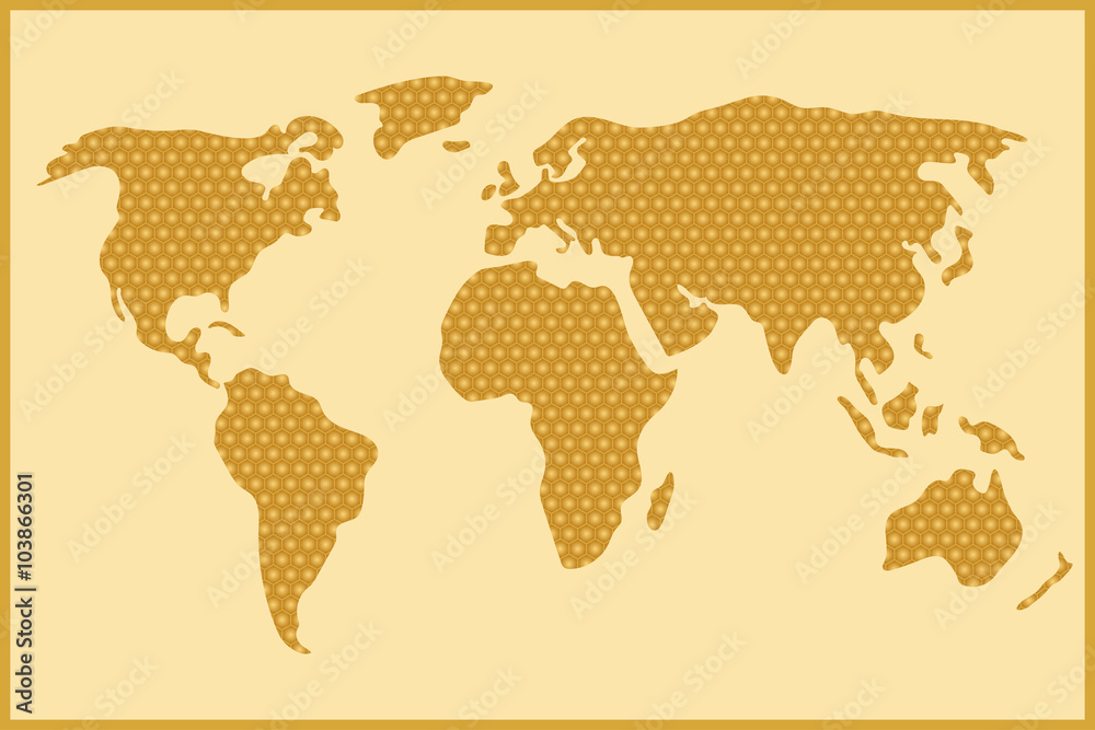 Simple and schematic world map out of honey comb, vector illustr Stock ...
