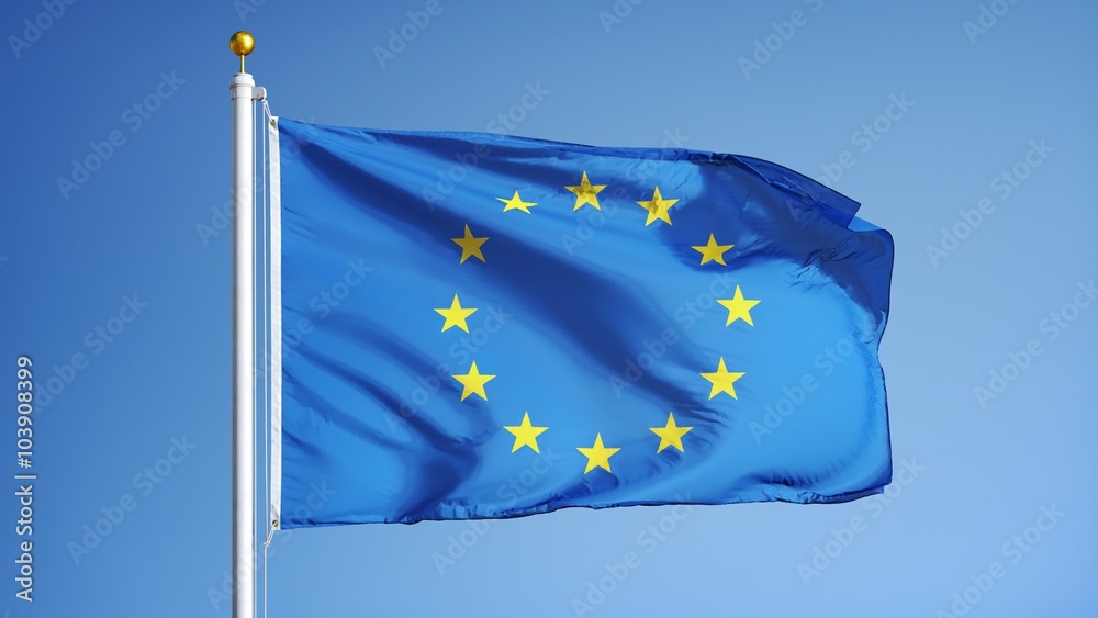 European Union flag waving in slow motion against blue sky, seamlessly ...