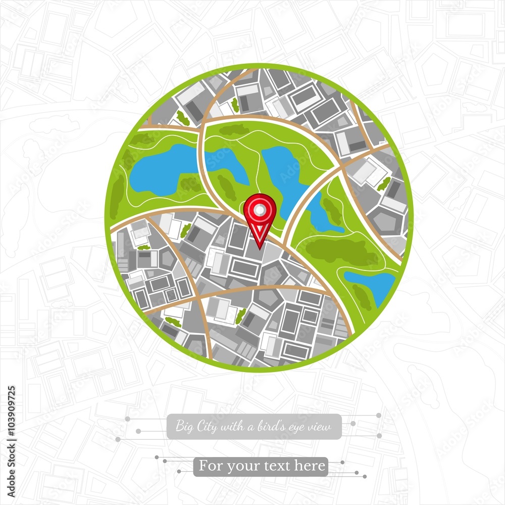 flat background vector map with circle town top view with pins and ...