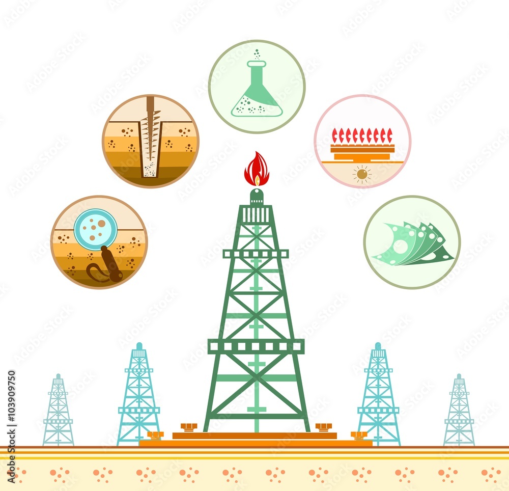 color gas rig and circle icons with stages of process gas production ...