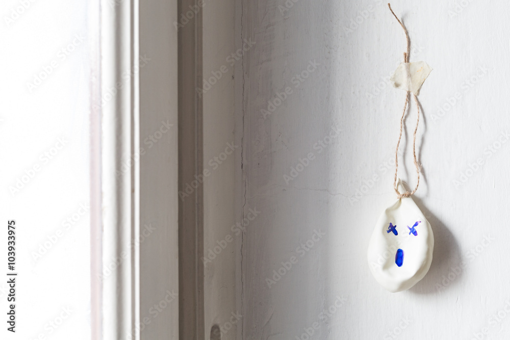 deflated balloon forming a facial expression on wall background Stock ...