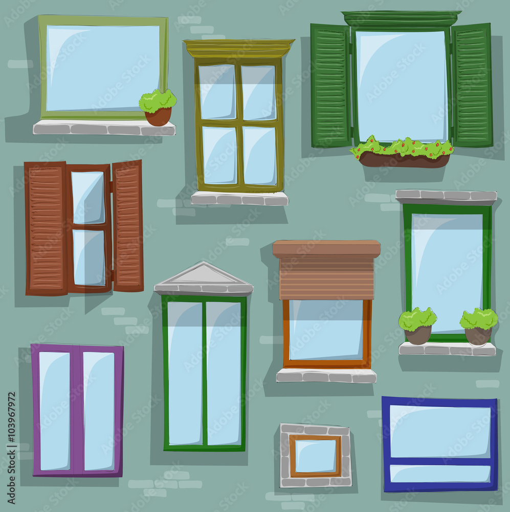 Different colore and style windows drawing on building Stock Vector ...