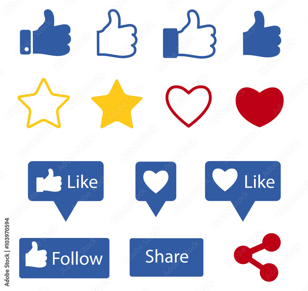 Social media icons set, share, like, follow, thumbs up, star, heart ...