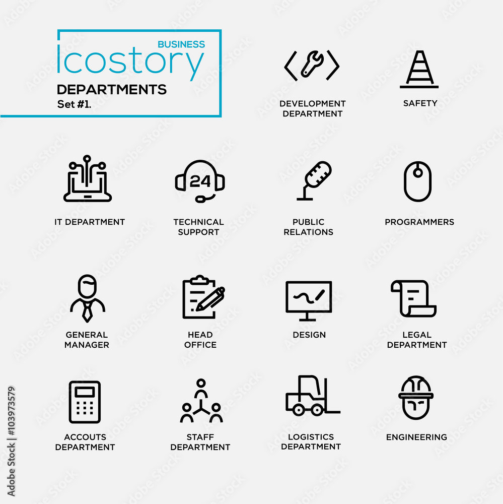 Set of office departments line flat design icons and pictograms. Stock ...
