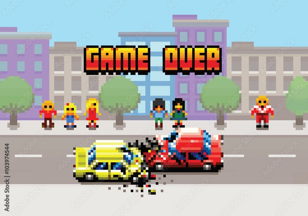 Game Over - damaged cars after collision, pixel art layers illustration ...