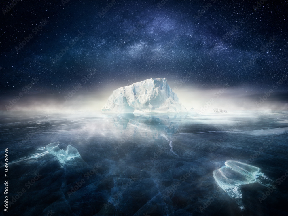Plakát Iceberg in frozen icy landscape with polar bears and night sky ...