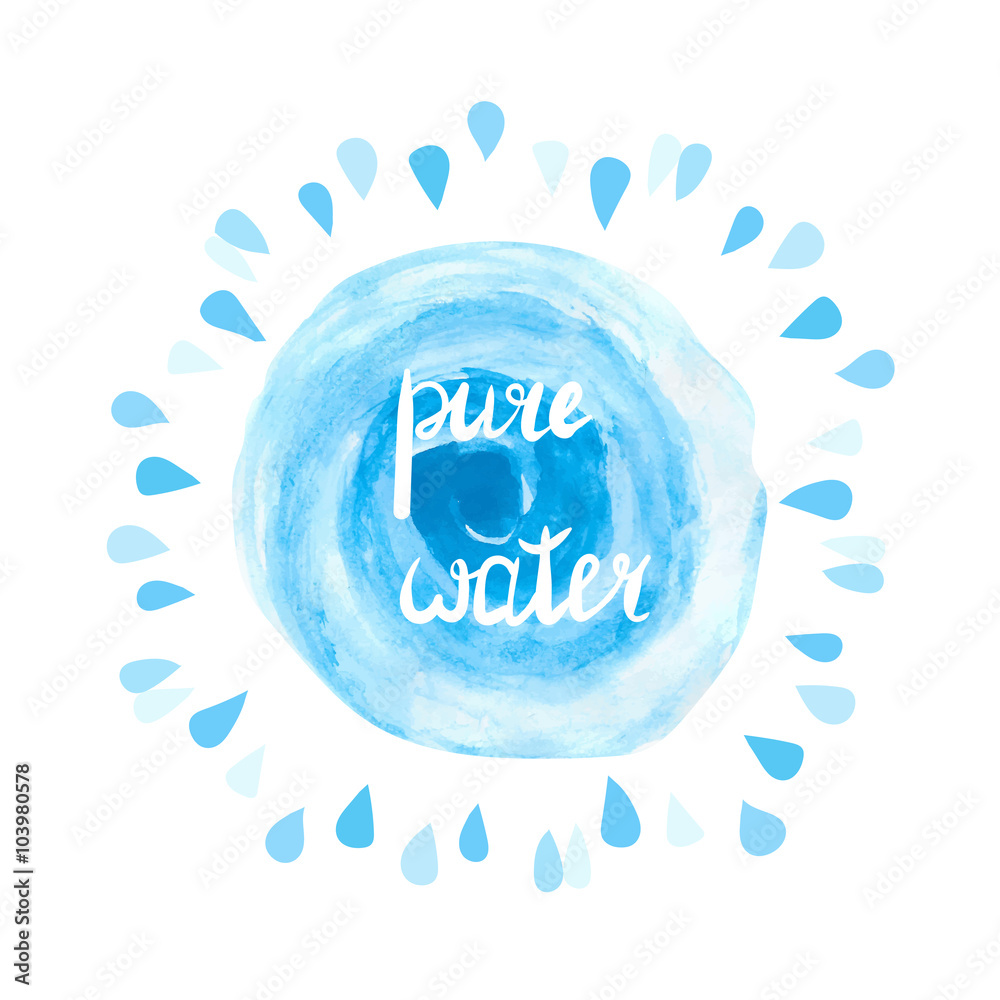 Pure water vector illustration. Watercolor blue splash and drops on ...
