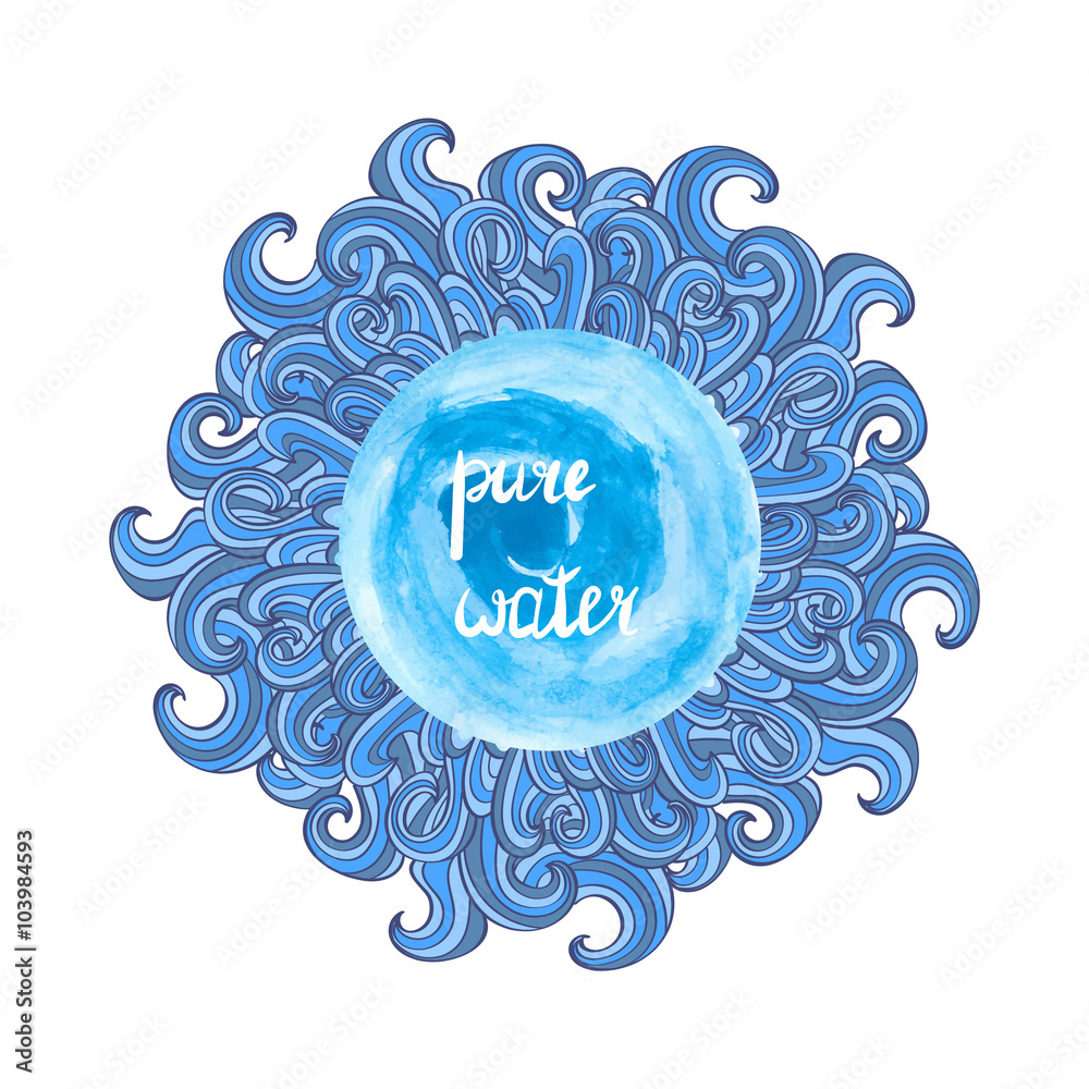 Pure water vector illustration. Watercolor blue water splash and doodle ...