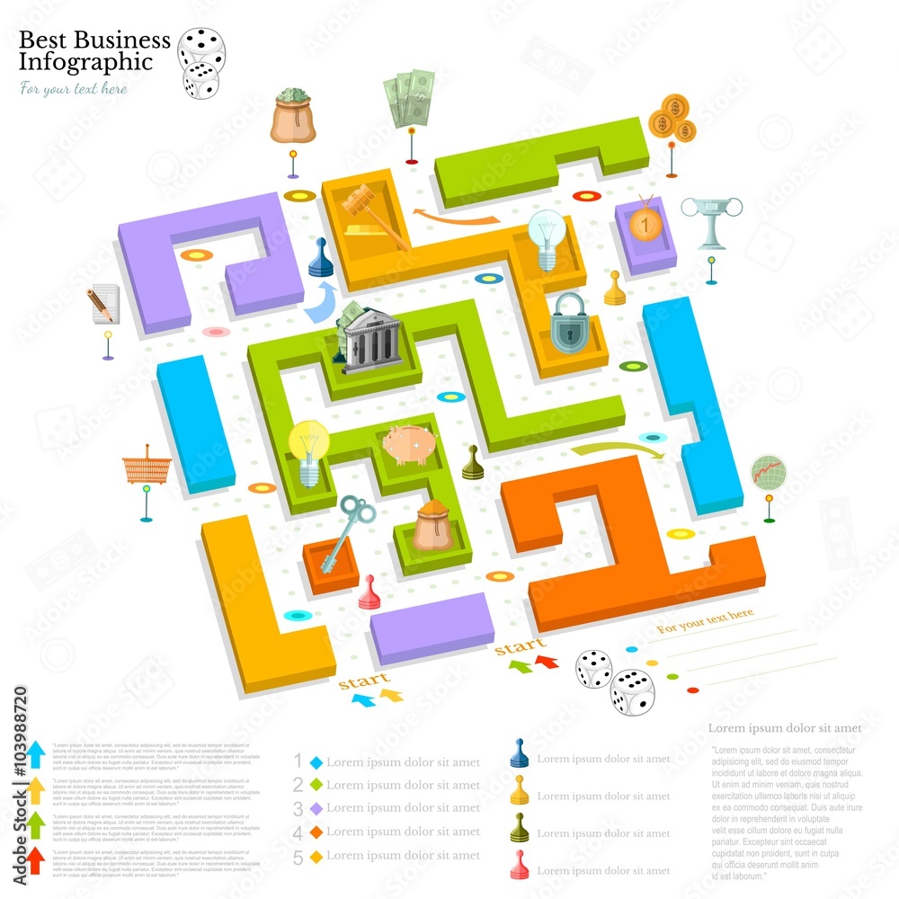 flat business maze infographic background top view with finanial board ...