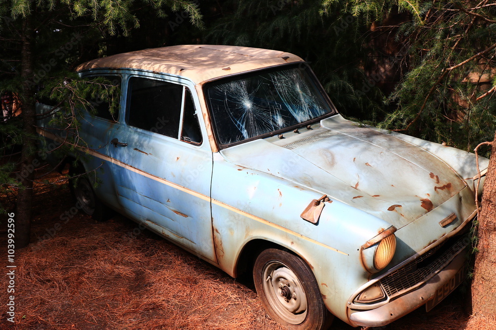 Crushed retro car,the Ford Anglia,Classic blue Ford Anglia Stock Photo ...