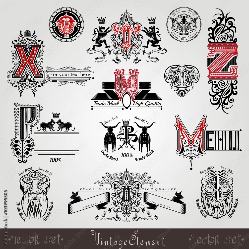 set vintage heraldic labels and capital letter with pattern and animals ...